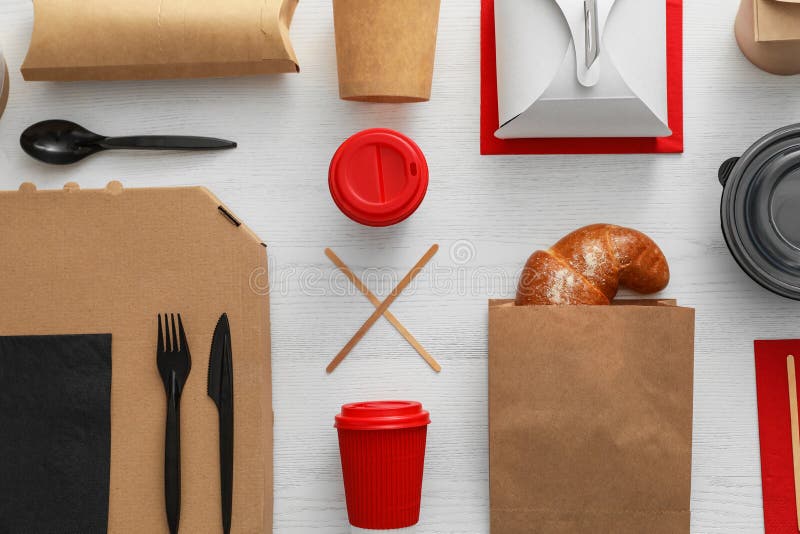 Flat Lay Composition with Paper Bag and Different Takeaway Items on ...