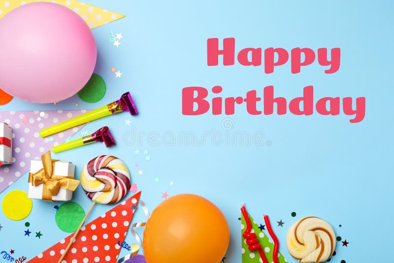 Flat Lay Composition with Party Items and Text Happy Birthday Stock ...