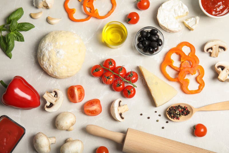 Flat Lay Composition Pizza Dough and Fresh Ingredients Stock Photo ...