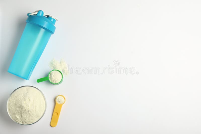 Flat Lay Composition with Protein Powder on White Background Stock ...