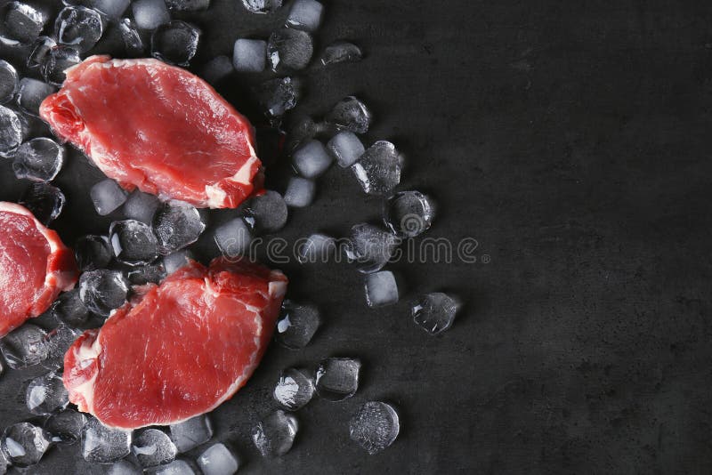 Flat Lay Composition with Raw Meat, Ice Cubes and Space for Text on ...