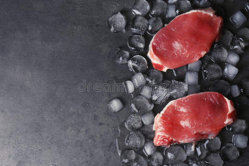 Flat Lay Composition with Raw Meat, Ice Cubes and Space for Text on ...