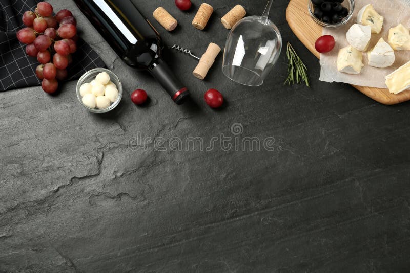 Flat Lay Composition with Red Wine and Snacks on Table, Space for Text ...