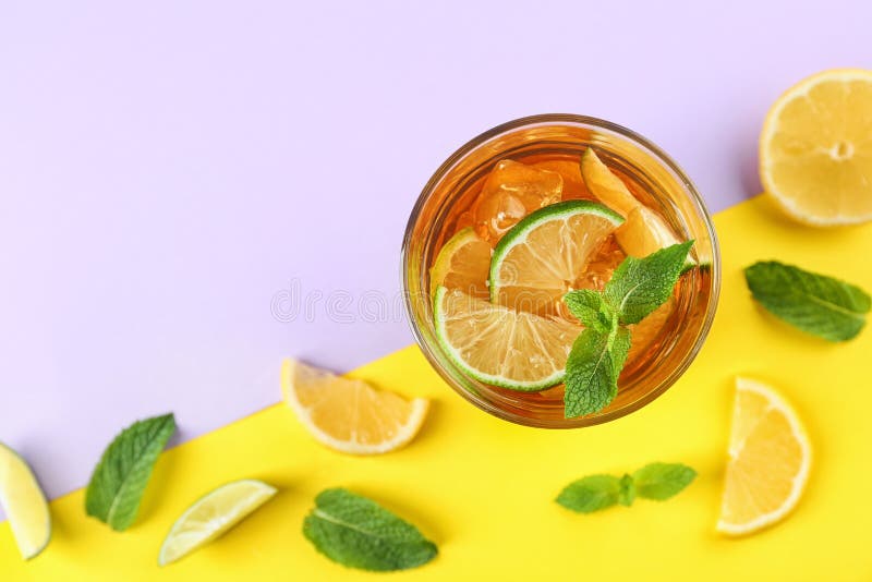 Flat Lay Composition with Refreshing Iced Tea Stock Photo - Image of ...