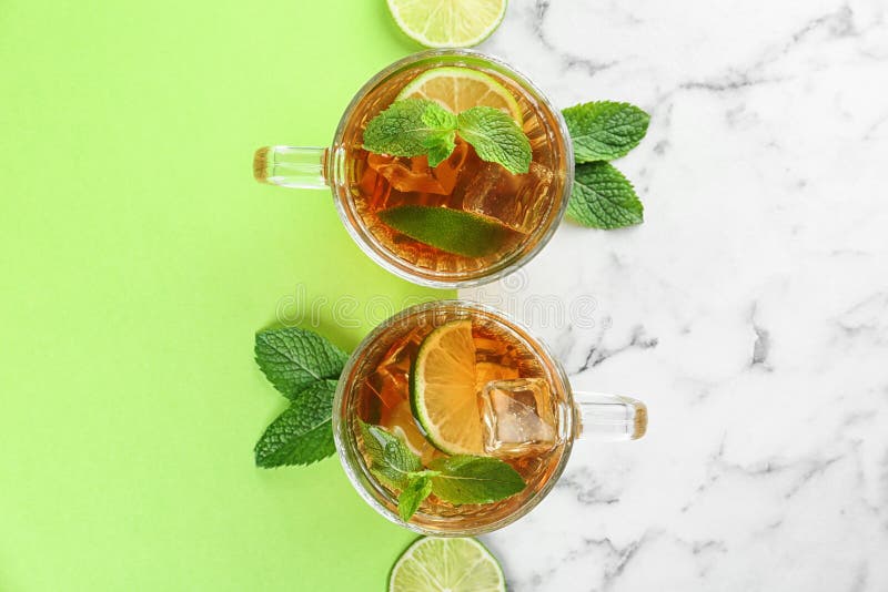Flat Lay Composition with Refreshing Iced Tea Stock Image - Image of ...