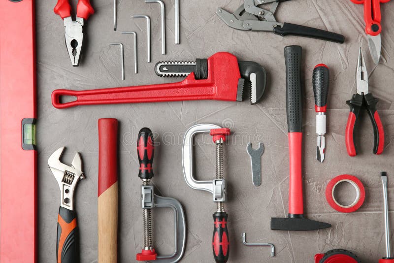 Flat Lay with Repair Tools on Grey Stone Table Stock Photo - Image of ...