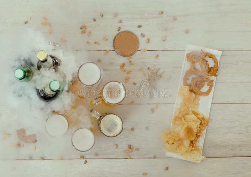 Flat Lay Composition of Restaurant Menu. Top View of 3 Bottles of Beer ...