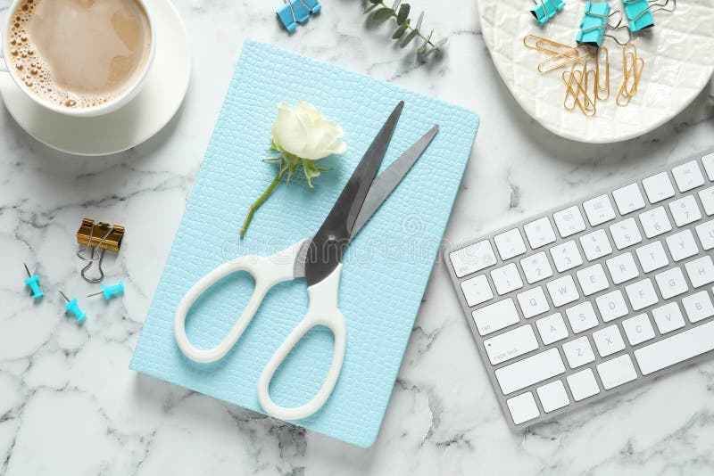 Flat Lay Composition with Scissors, Coffee and Keyboard on Marble Table ...