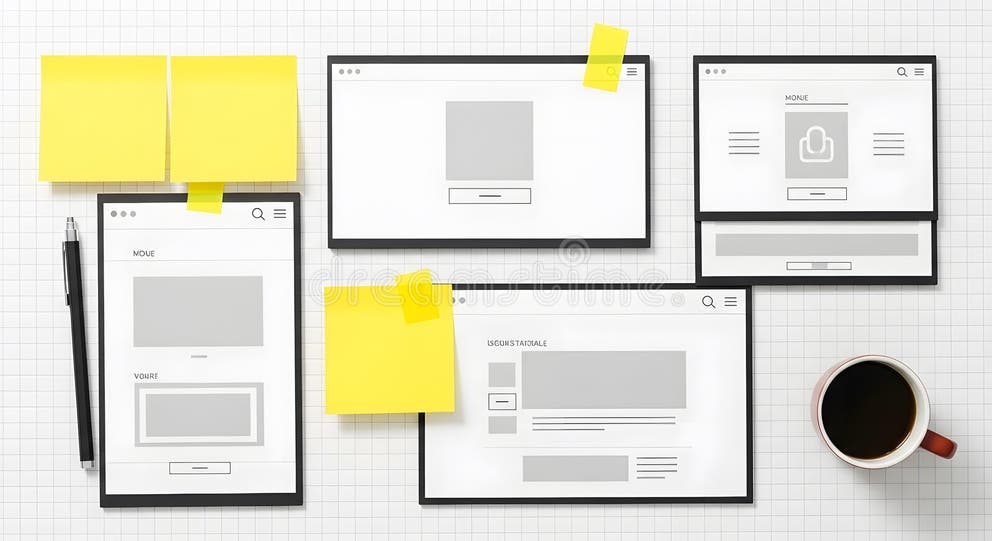 UI UX Design Mockups with Sticky Notes and Coffee Stock Photo - Image ...