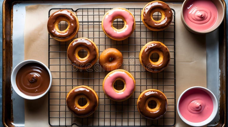 Top-down Donut Glazing with Wire Rack and Bowls of Icing on Baking Tray ...