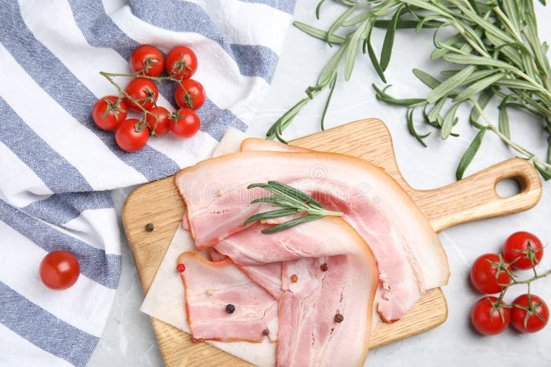 Flat Lay Composition with Sliced Raw Bacon on Table Stock Photo - Image ...