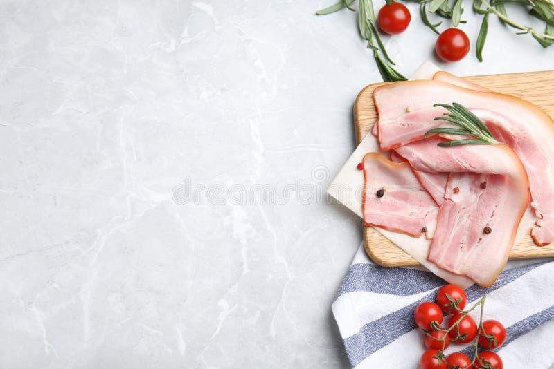 Flat Lay Composition with Sliced Raw Bacon on Light Grey Marble Table ...