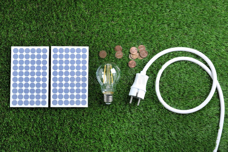 Flat Lay Composition with Solar Panels, Light Bulb and Coins on Grass ...