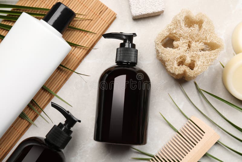 Flat Lay Composition with Solid Shampoo Bars and Bottles of Cosmetic ...