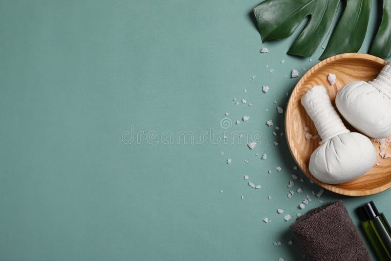 Flat Lay Composition with Spa Items on Pale Green Background, Space for ...