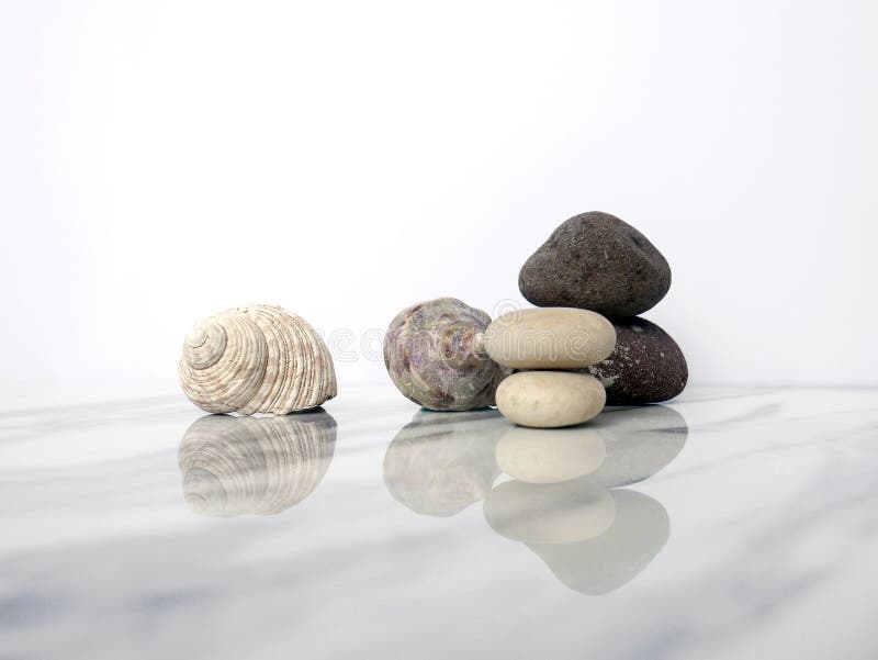Zen Basalt Stone and Seashells on White Marble Background Stock Image ...