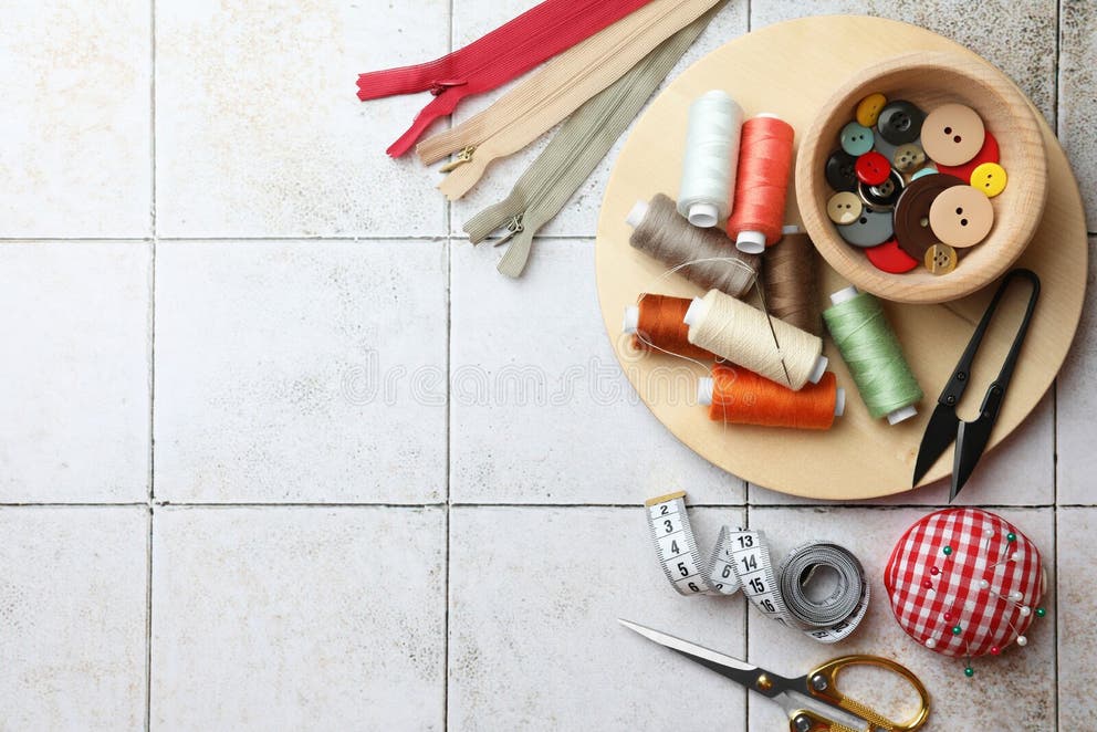 Flat Lay Composition with Spools of Threads and Sewing Tools on Light ...
