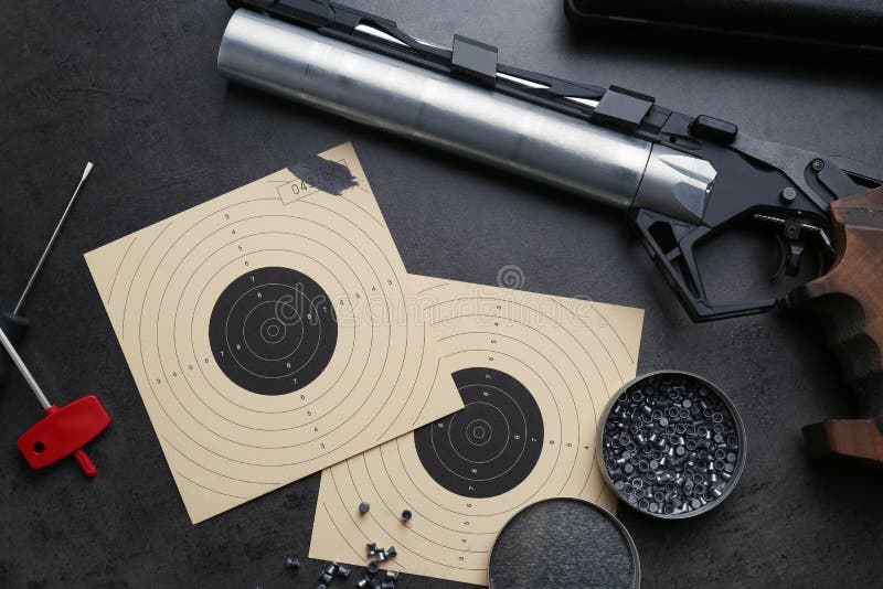 Flat Lay Composition with Sport Pistol on Black Table. Professional Gun ...