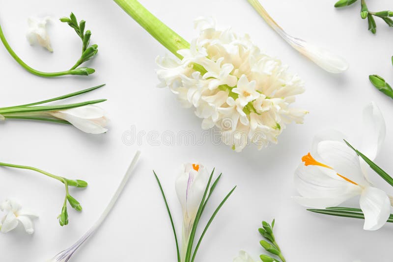 Flat Lay Composition with Spring Flowers on Background Stock Photo ...