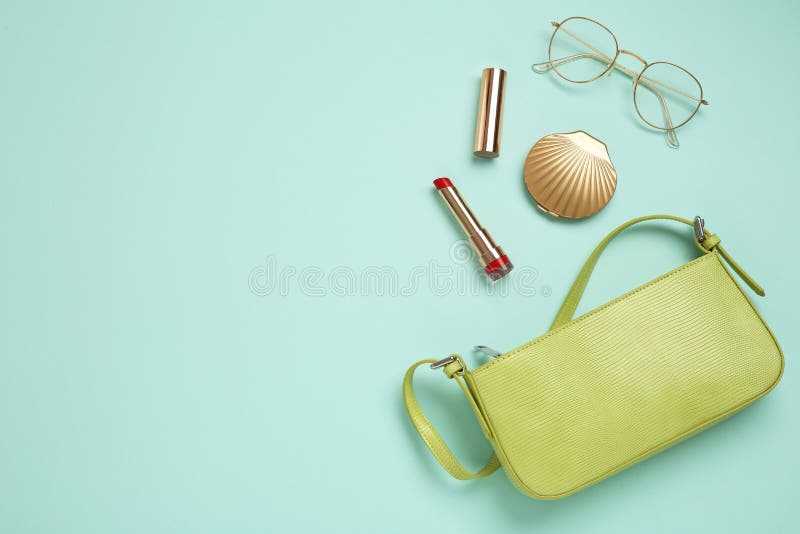 Flat Lay Composition with Stylish Baguette Handbag on Light Blue ...