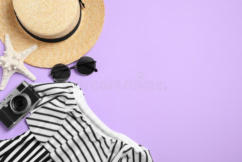 Flat Lay Composition with Stylish Beach Accessories on Lilac Background ...