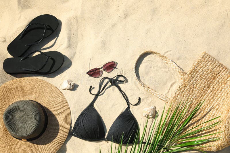 Flat Lay Composition with Stylish Beach on Sand Stock Photo - Image of ...