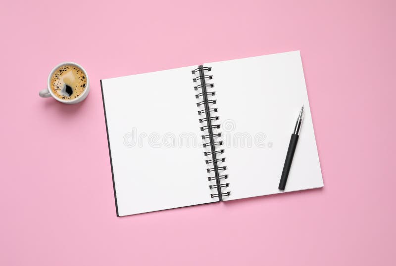 Flat Lay Composition with Stylish Notebook on Pink Background Stock ...