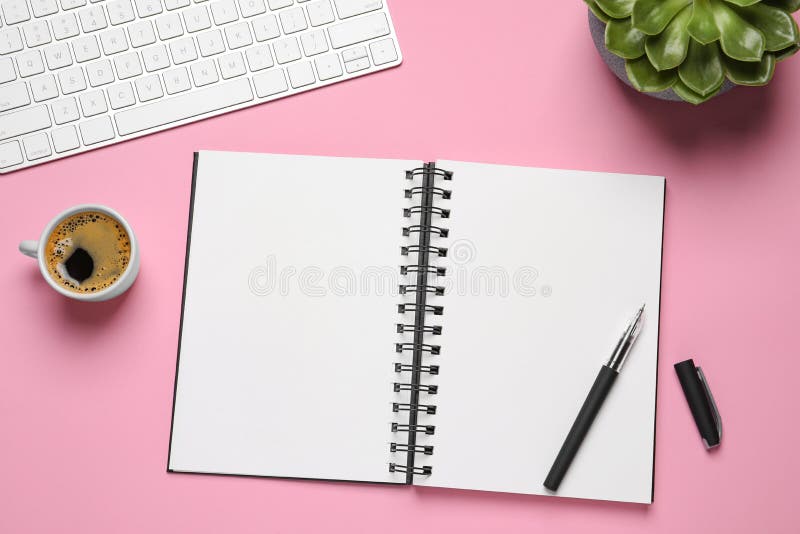 Flat Lay Composition with Stylish Notebook on Pink Background Stock ...