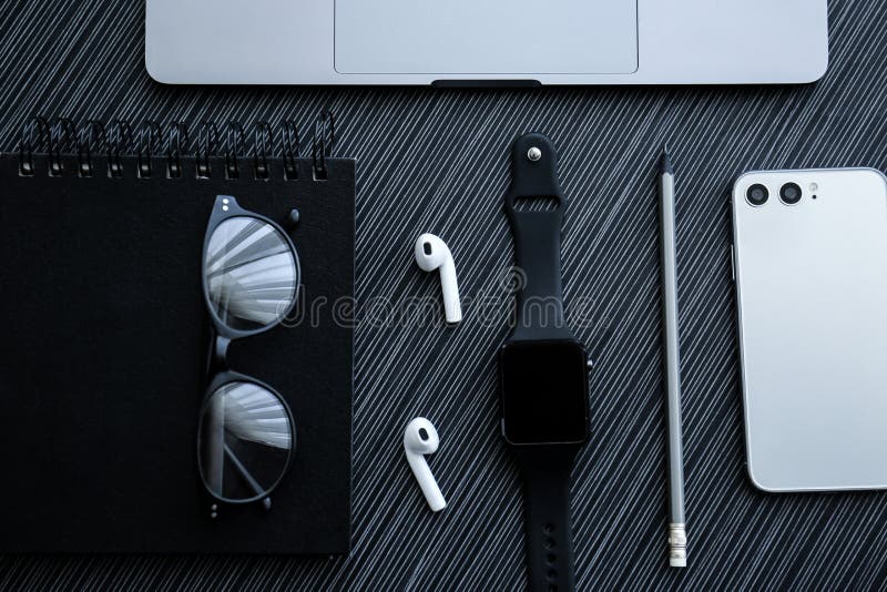 Flat Lay Composition with Stylish Smart Watch on Black Table Stock ...