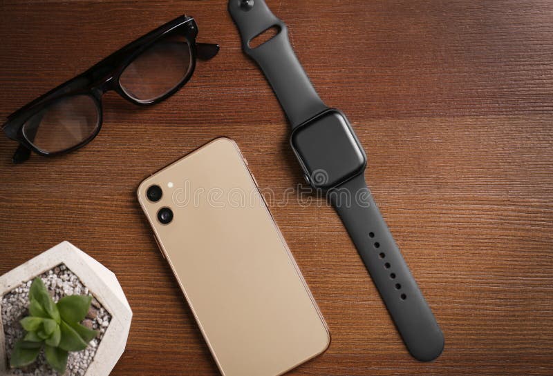 Flat Lay Composition with Stylish Smart Watch on Wooden Table Stock ...