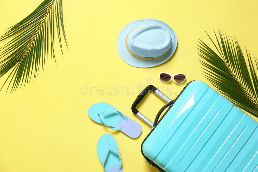 Flat Lay Composition with Stylish Suitcase on Background Stock Image ...