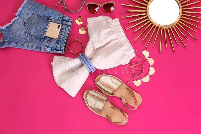 Flat Lay Composition with Stylish Summer Clothes and Accessories Stock ...