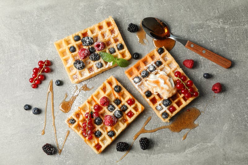 Flat Lay Composition with Sweet Belgian Waffles Stock Photo - Image of ...