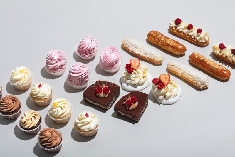 Flat Lay Composition of Sweet Pastry on Grey Background. Stock Photo ...