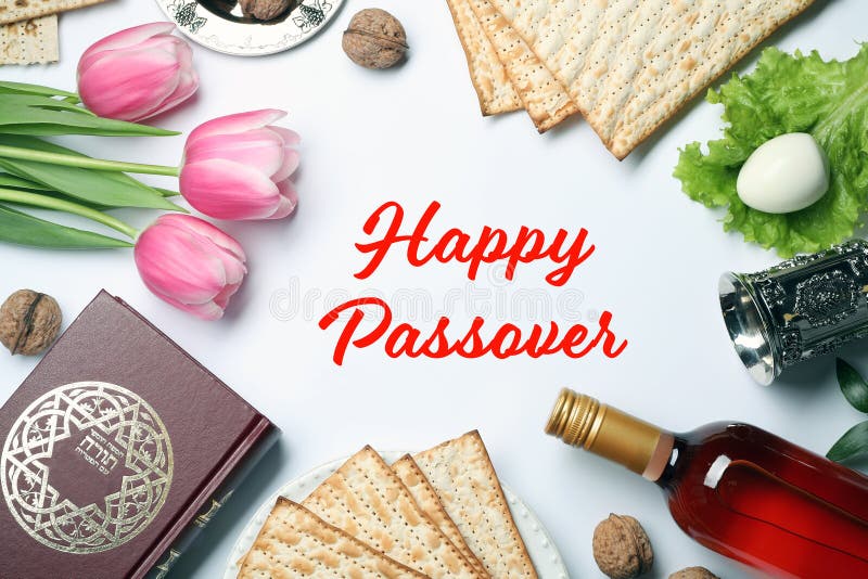 Flat Lay Composition of Symbolic Pesach Items on White Background ...
