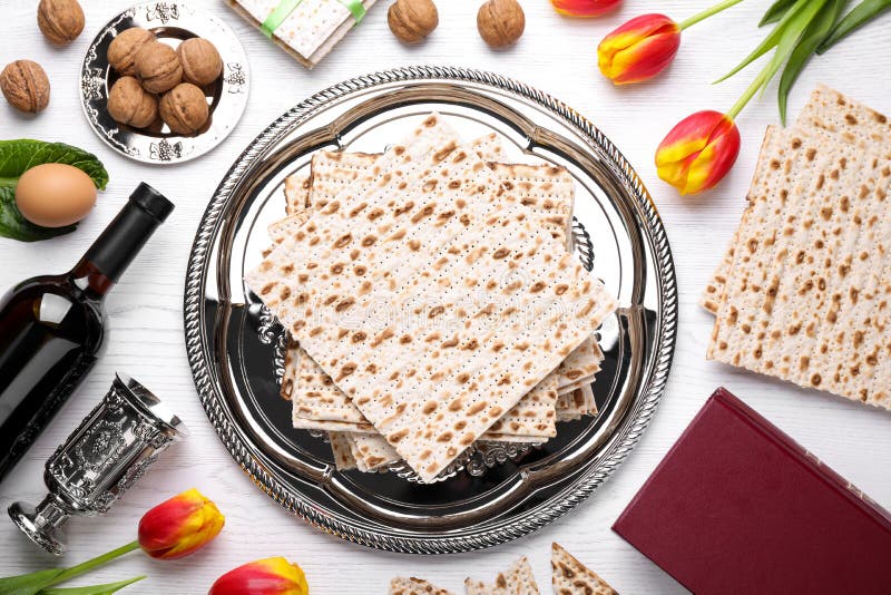 Flat Lay Composition with Symbolic Pesach Passover Seder Items on White ...