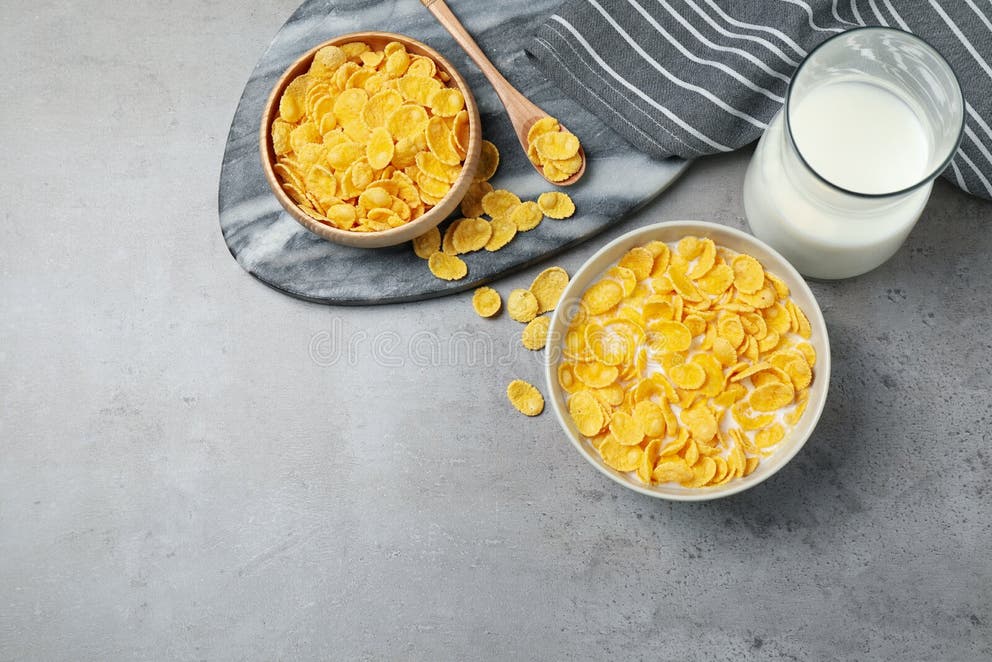 Flat Lay Composition with Tasty Corn Flakes on Grey Table Stock Photo ...