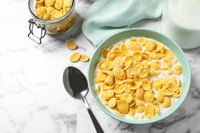 Flat Lay Composition with Tasty Corn Flakes on Table Stock Photo ...