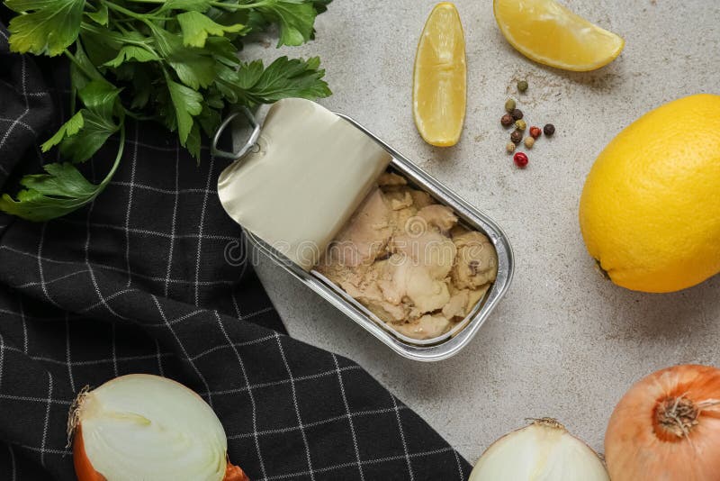 Flat Lay Composition with Tin Can of Tasty Cod Liver and Different ...