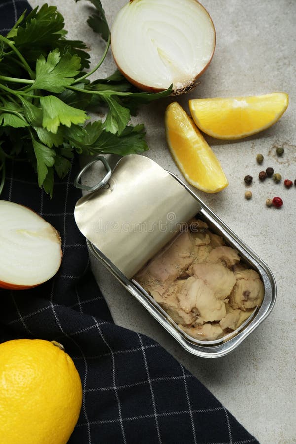 Flat Lay Composition with Tin Can of Tasty Cod Liver and Different ...