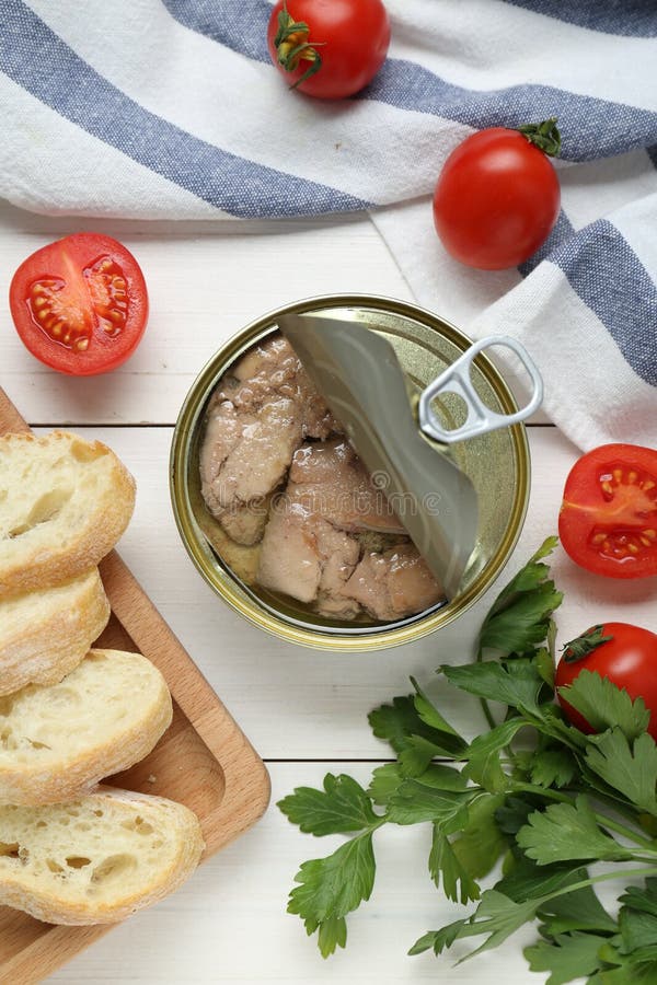 Flat Lay Composition with Tin Can of Tasty Cod Liver and Different ...
