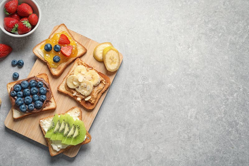 Flat Lay Composition with Toast Bread and Different Toppings Stock ...