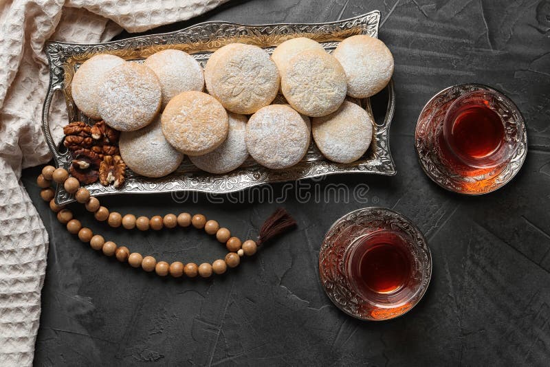 Flat Lay Composition with Tray of Traditional Cookies for Islamic ...