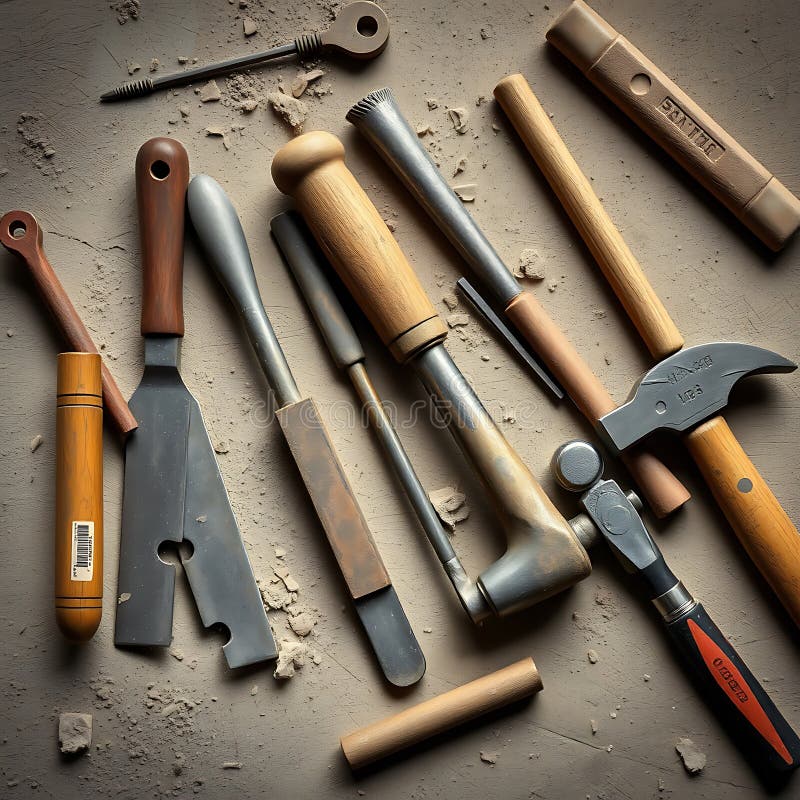 A Flat Lay Composition of Various Demolition Tools Like Chisels Hammers ...