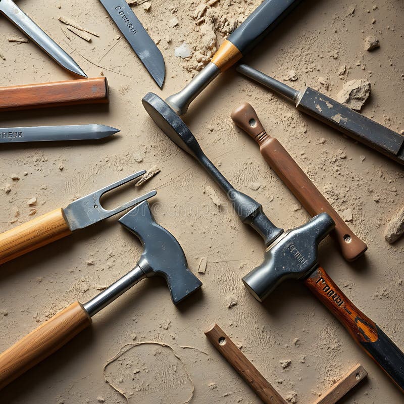 A Flat Lay Composition of Various Demolition Tools Like Chisels Hammers ...