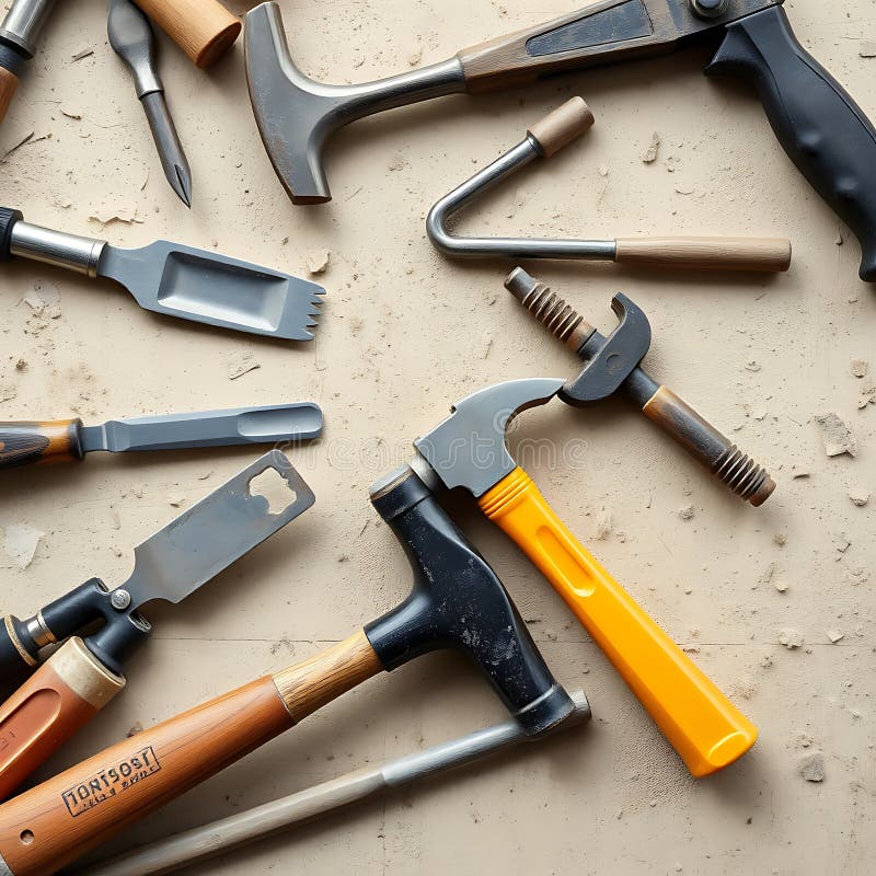 A Flat Lay Composition of Various Demolition Tools Like Chisels Hammers ...