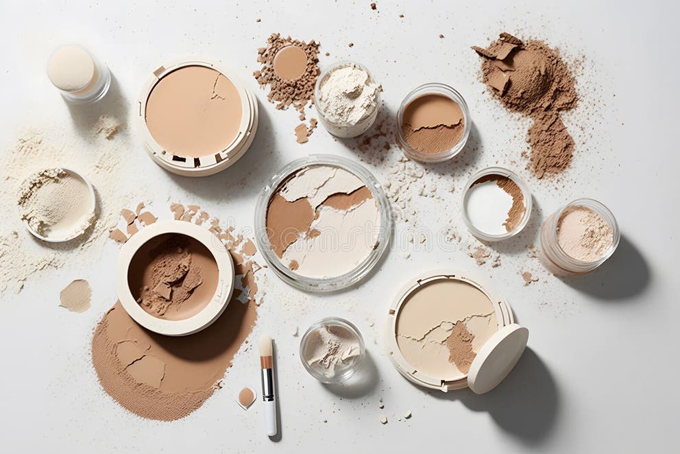 Flat Lay Composition with Various Makeup Face Powders on White ...