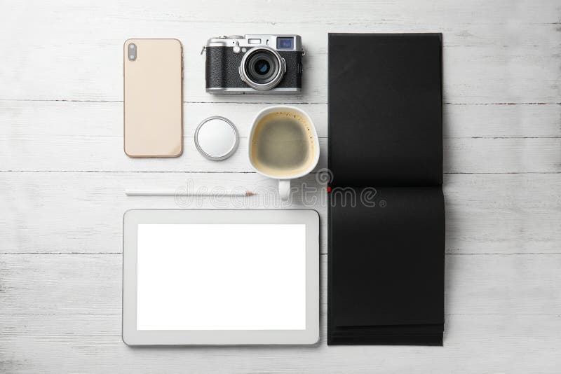 Flat Lay Composition with Vintage Camera, Tablet and Smartphone on ...
