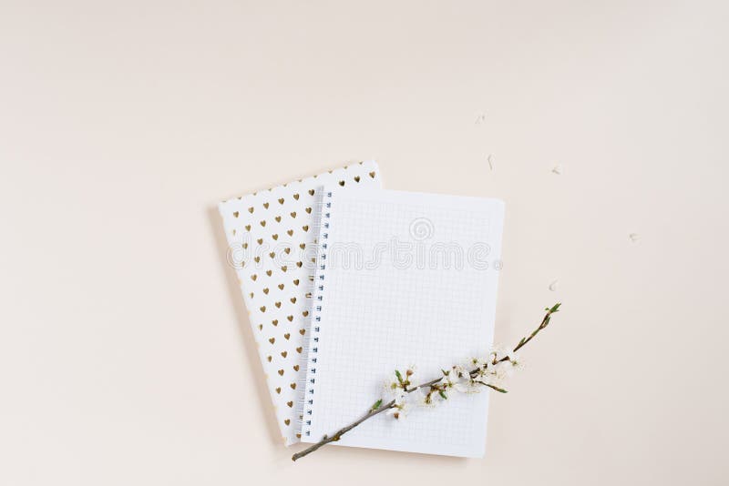 Flat Lay Composition of White Apple Flowers and Notepad with a Blank ...