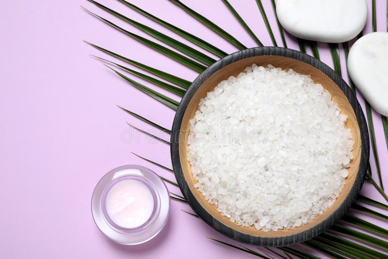 Flat Lay Composition with White Sea Salt on Lilac Background Stock ...